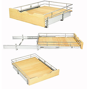 DINDON Pull Out Cabinet Organizer (14" W x 21" D),1 Tier Slide Out Shelf, Shelves Organization and Storage for Kitchen Under Sink Space, Wood and Wire Basket