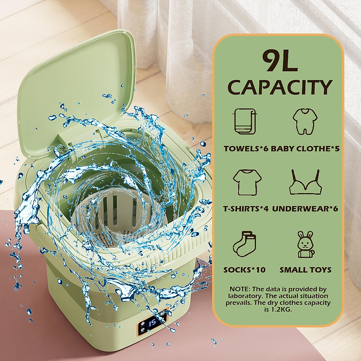 MyltaWish 9L Portable Washing Machine Foldable Mini Washing Machine for Apartment, Dorm, Camping, RV Travel, Portable Washer Small Portable Laundry Machine for Baby Clothes, Underwear (Green)
