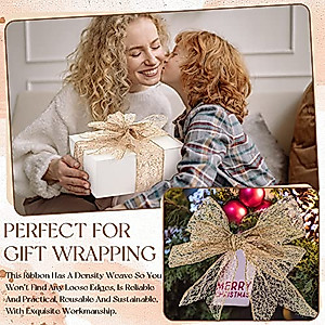 2 Rolls 20 Yards Christmas Halloween Metallic Wired Ribbons Glitter Ribbon for Crafts Valentine Floral Bow Making DIY Gift Wrapping Wedding Party Home Decor (Champagne, 2.5 Inch)