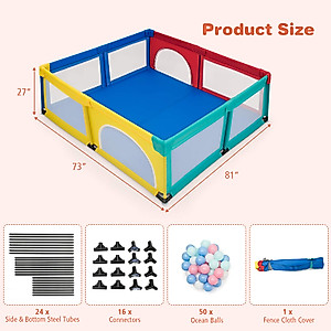 HONEY JOY Baby Playpen, Extra Large Baby Gate Playpen w/ 50 Ocean Balls, No Gaps Infant Safety Gates with Breathable Mesh & Zippered Door, Indoor Play Yards for Toddlers (Rectangle, Colorful)
