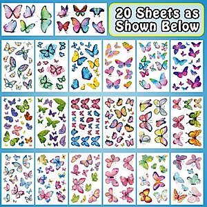 Leesgel 260 Style (20Sheet) Butterfly Temporary Tattoos for Kids, Glitter Butterfly Tattoos for Girls Birthday Party, Butterfly Party Decorations Supplies