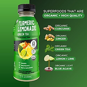 Organic Golden Tiger Turmeric Lemonade with Green Tea - Bio Active Curcumin + Green Tea + Ginger - 12 Bottles - Recover with Plant Based Power - 20 Calories