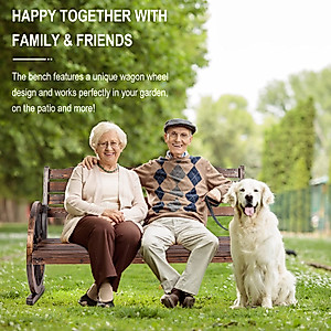 Vagowin Wagon Wheel Bench, Outdoor Bench, Rustic Wooden 2-Person Seat Patio Bench with Backrest for Garden, Porch, Yard, Brown, 22 inches D x 56 inches W x 30.5 inches H