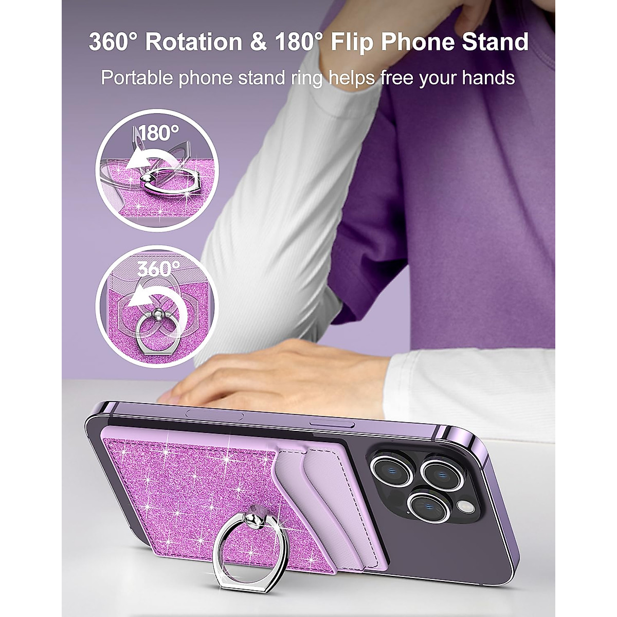 Anfauny MagSafe Phone Wallet - Leather Magnetic Cell Phone Wallet Card Holder with 360°Rotation Ring Phone Stand & RFID Blocking Compatible with iPhone 15/14/13/12 Series & MagSafe Cases - Purple