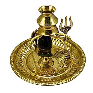 Generic Shivling Statue Brass Stand with Thali (Gold)