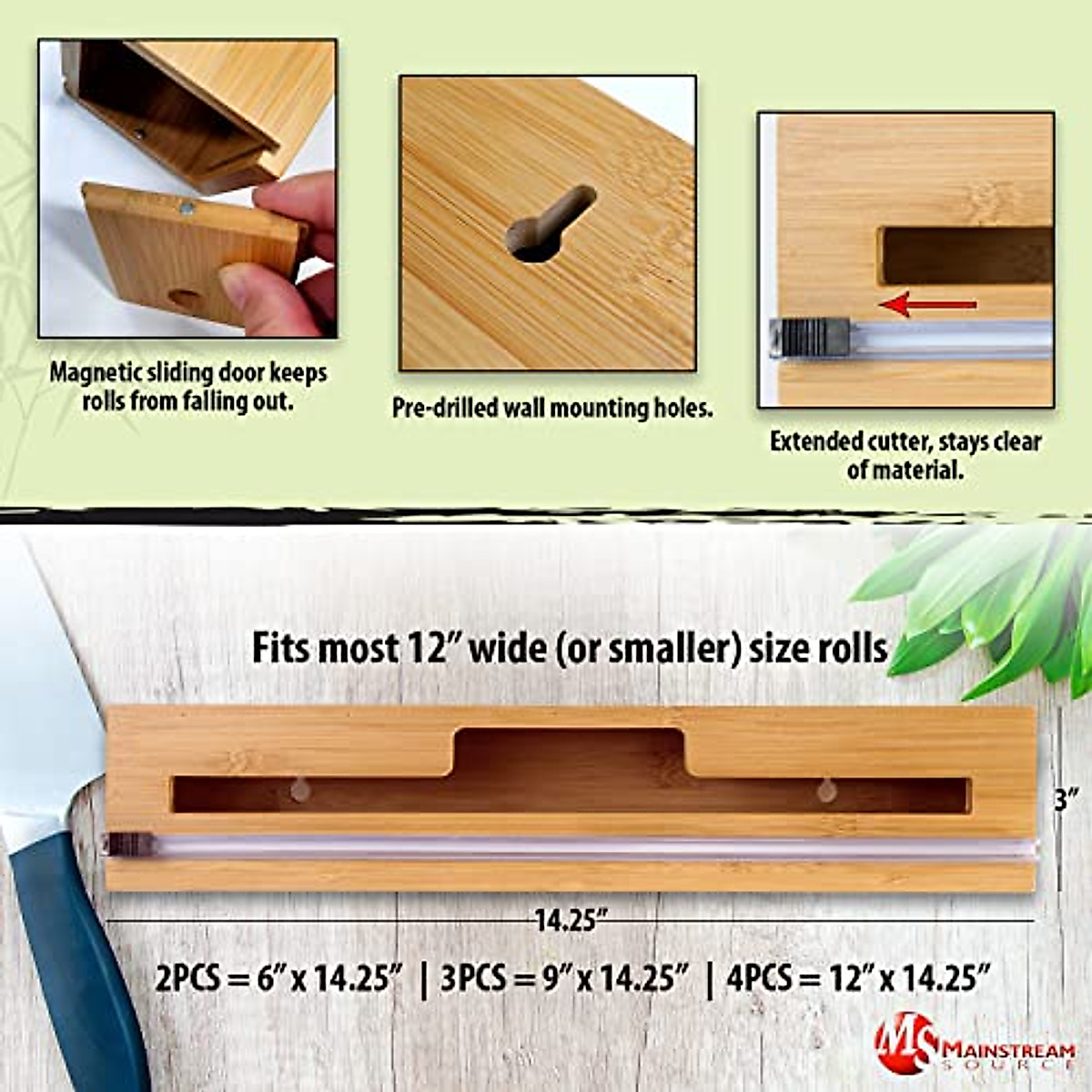 Mainstream Source® Bamboo Wrap Dispensers – Foil and Plastic Wrap Organizer Set for 12 Inch with Extended Cutters and Labels, Works as Foil, Plastic Wrap, Parchment, or Wax Paper Holder (1pc)