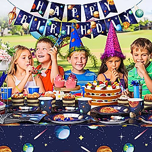 Outer Space Birthday Party Supplies Serve 24 Space Party Tableware Set Including Happy Birthday Banner Solar System Tablecloth Paper Plates Cups Napkins Knives Forks Spoons for Kids Party Decoration