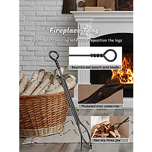 Lichamp Fireplace Tools Set, 5-Pieces Indoor Outdoor Sturdy Fire Place Poker Sets with Retro Handle and Heat Resistant Leather Gloves, FTS55BK