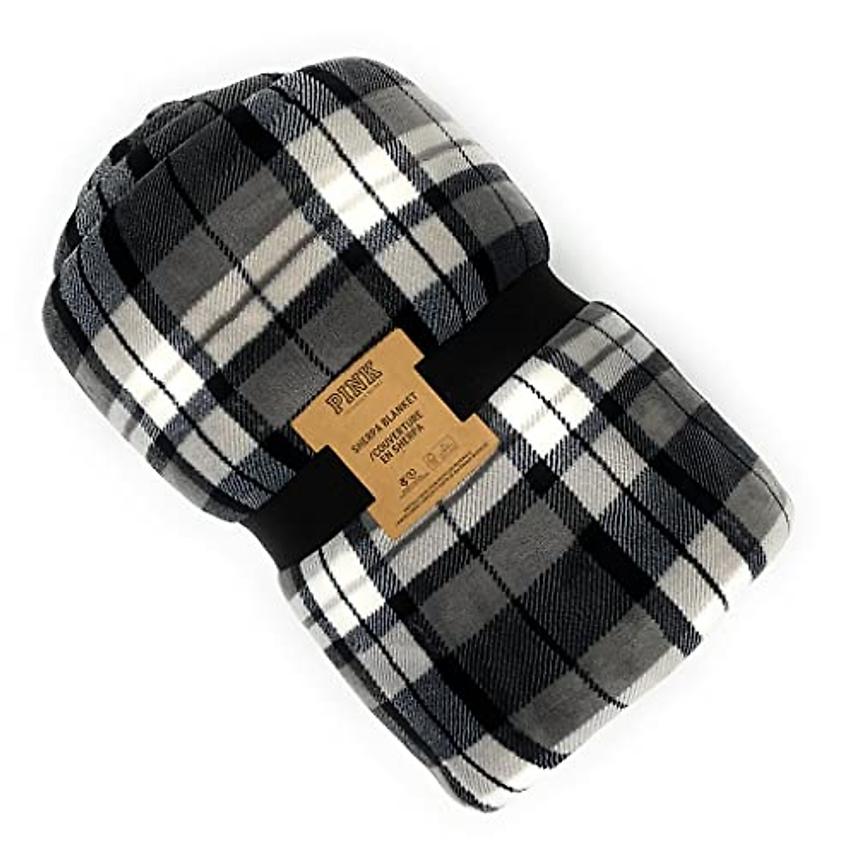 Victoria's Secret Pink Plush Soft Sherpa Blanket, Gray Plaid