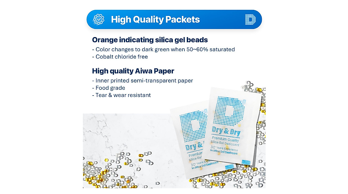 Dry & Dry Orange Silica Gel Packets - Food Safe, Reusable Moisture Control