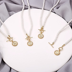 Initial Choker Pearl Necklace for Women, 14K Gold Plated Handmade 4MM Simulated Pearl Necklace Choker Dainty Toggle Clasp M Initial Coin Pendant Pearl Necklace Jewelry Gifts for Women (M)