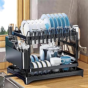 FOXMIND Dish Drying Rack,Space-Saving 2-Tier Dish Drying Rack Kitchen with Drainboard,Rustproof Kitchen Desktop Organizer with Utensil Holder & Cup Holder for Kitchen Counter,11.4''W x 16.5''L,Black