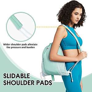 WANDF Drawstring Backpack with Shoulder Pad Sports Gym Backpack with Mesh Pocket String Bag for Women Men(Mint green)