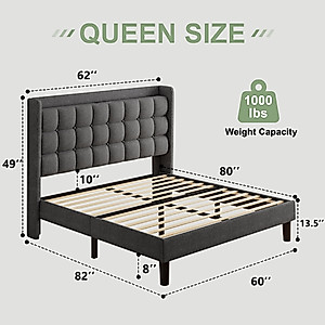 Feonase Queen Bed Frame with Charging Station, Upholstered Platform Bed Frame with Wingback Storage Headboard, No Box Spring Needed, Easy Assembly, Dark Grey