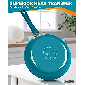 MICHELANGELO Nonstick Frying Pan with Lid, 10 Inch Frying Pan Nonstick, Enameled Non Stick Frying Pan with Silicone Handle, Nonstick Skillet with Granite Interior, Cyan