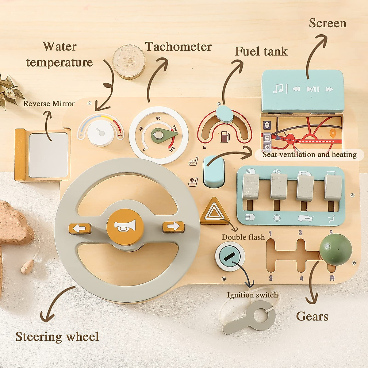 Wooden Montessori Busy Board for 1 2 3 4 Year Old, Steering Wheel Wooden Sensory Board Activity Board for Fine Motor Skills, Travel Busy Board Educational Sensory Toys for Baby, Boys and Girls
