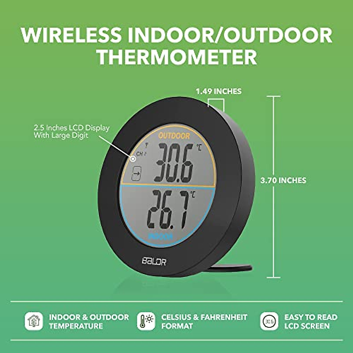 BALDR Wireless Indoor/Outdoor Thermometer - Surface or Wall Mounted Temperature Monitor, 2.5” LCD Display Thermometer with Min/Max Records & Trend Arrows Sign - Portable Home Weather Station (Black)