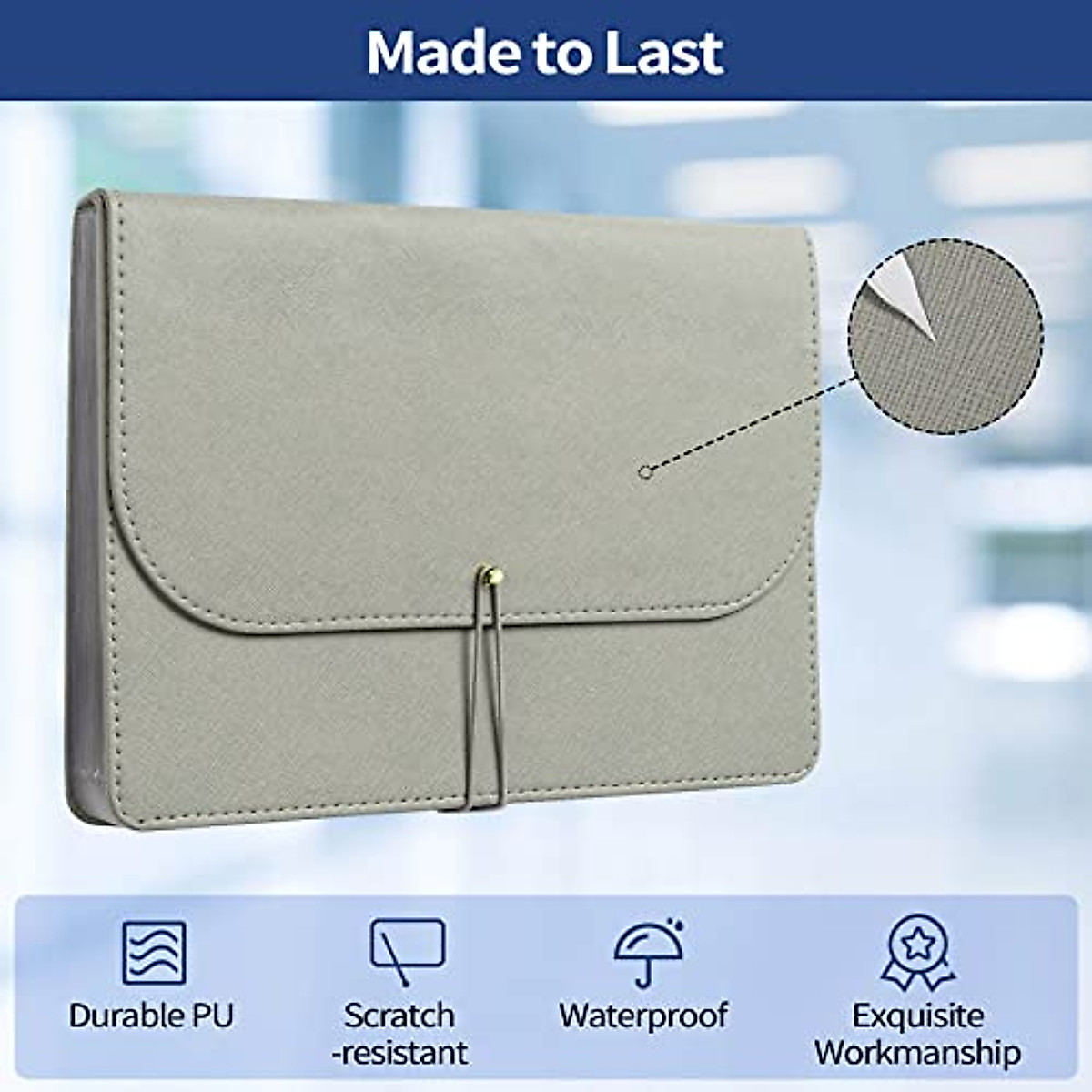 Sooez 24 Pockets Accordion File Organizer, Letter Size, Durable Leather Expanding File Folder, Paper Bill Tax Receipt Organizer, Large Capacity Document Holder with Blank Labels, Light Gray