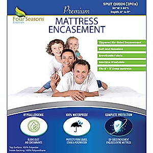 Split Queen Mattress/Box Spring Encasement 30" x 80" (2PCs) - Waterproof Zippered Protector Premium Quality Hypoallergenic Bed Cover Protects Against Dust - Breathable Smooth Fabric