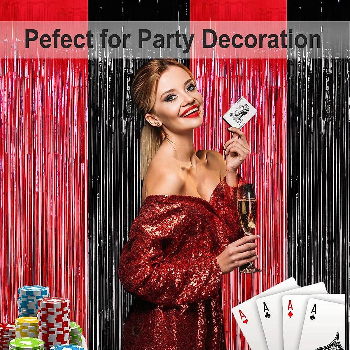 EUFARS Red and Black Party Decorations- 4 Pack of 3.2x8.2ft Foil Fringe Curtains for Graduation Party Decorations 2024 Casino Theme Party Decorations Red and Black Birthday Decorations