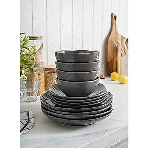 LE TAUCI Dinnerware Sets 12 Piece, Serve for 4, Ceramic Plates and Bowls Set (10" Dinner Plates + 8" Salad Dish + 22 oz Bowl) x 4, Suit For House Warming Wedding, Dishwasher Microwave Oven safe - Grey