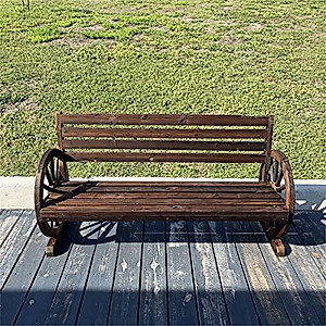 Kinfant Patio Bench Wooden Garden Seat - 55” Outdoor Rustic Brown 2-Person Wagon Wheels Furniture