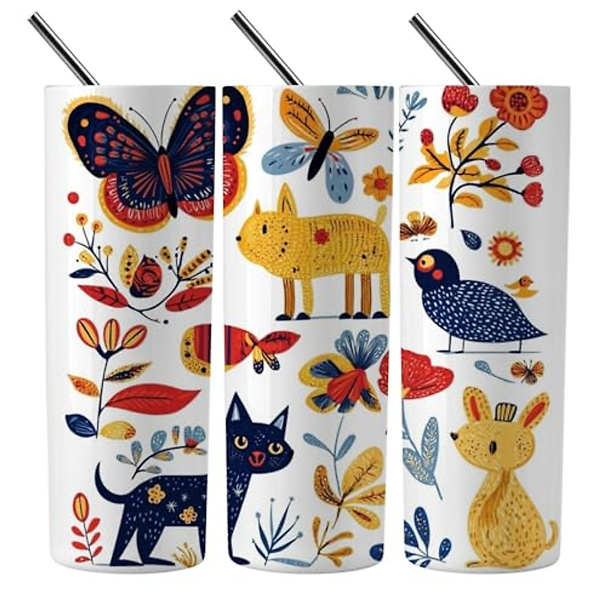 Tumbler with Lid and Straw Abstract Flora and Fauna Print thermos coffee travel mugcute cups 20 oz insulated tumbler for Daily Holiday Decor Gift coffee cup