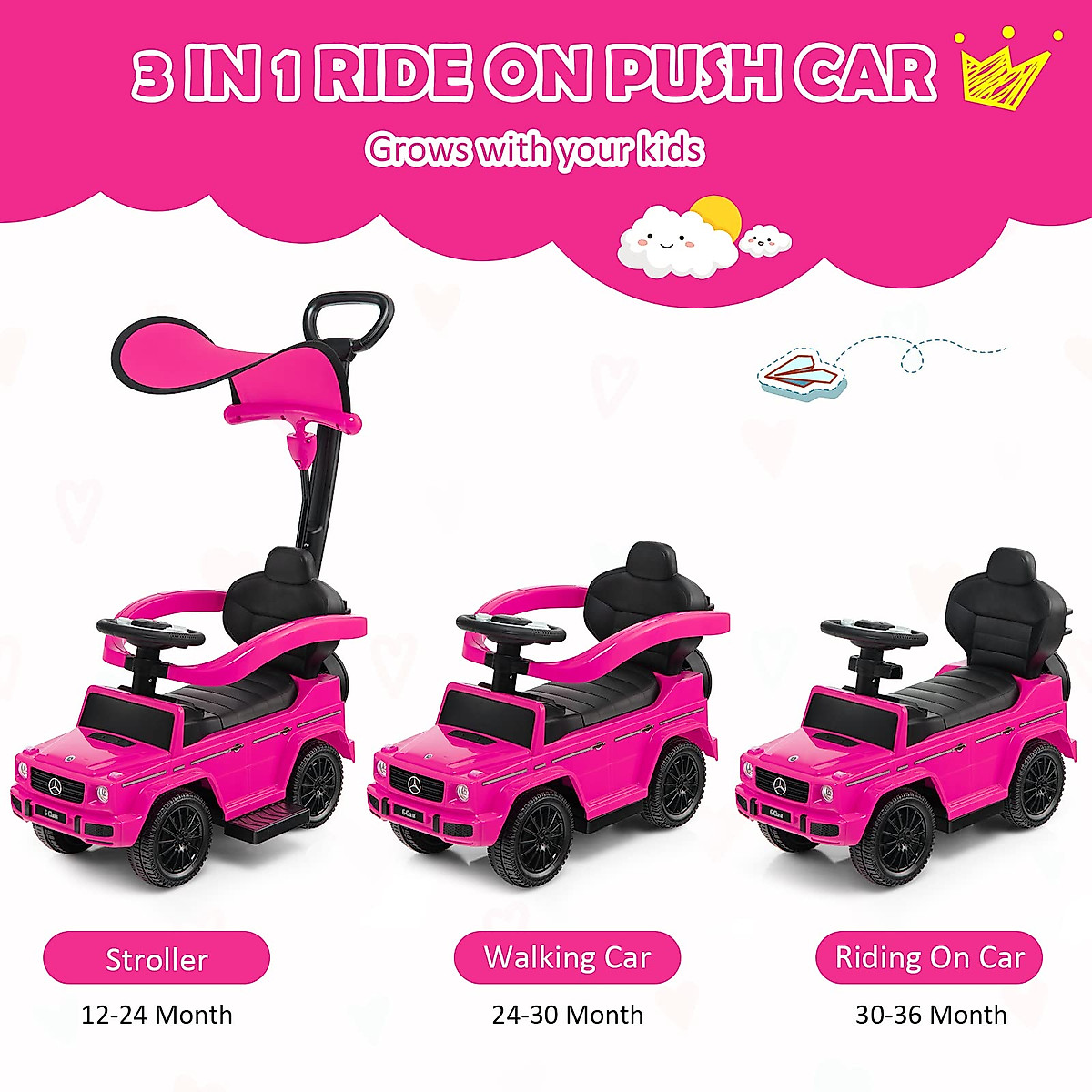 HONEY JOY Push Cars for Toddlers, Mercedes Benz Kids Toy Car w/Push Handle & Detachable Guardrail, Horn & Engine Sound, Seat Storage, Foot-to-Floor Ride On Push Car for Boys Girls(Pink)