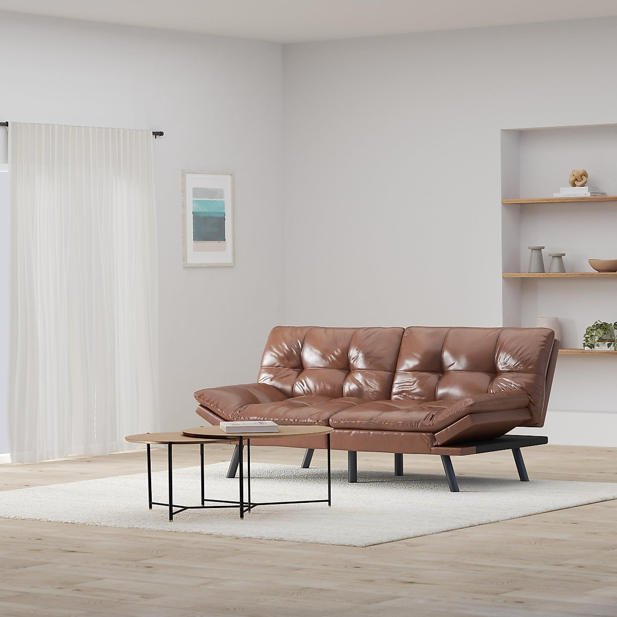 MUUEGM Futon Sofa Bed Memory Foam Futon Couch Bed Sofa Sleeper,Modern Convertible Faux Leather Futon for Living Room,Small Love seat for Apartment Office,w/Adjustable Armrests Backrest,Brown