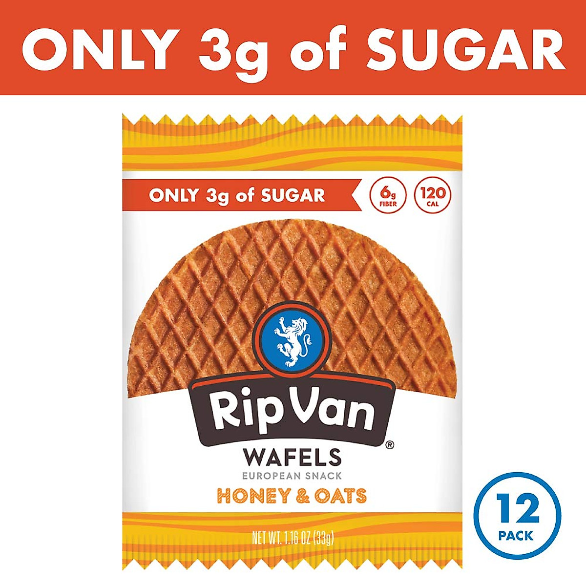 Rip Van Wafels Snack Wafels, Honey and Oats, Pack of 12, 13.92 Ounce