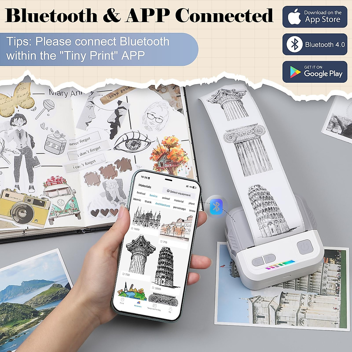 Thermal Mini Printer, X100 Inkless Sticker Maker with Thermal Papers & Sticker Papers, Bluetooth Portable Pocket Phone Printer for Notes, Receipts, Pictures, DIY, Journal, Compatible with iOS&Android