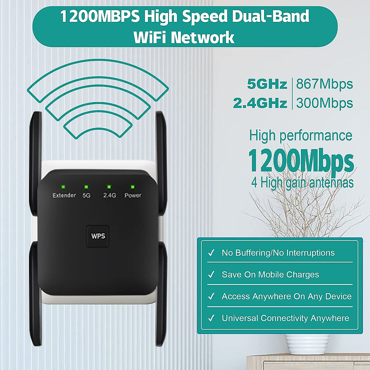 WiFi Extender, AILIYZ WiFi Booster Signal Booster for Home 2.4G /5G Wireless Internet Repeater with Ethernet Port, 1200Mbps WiFi Range Extender for Indoor and Outdoor (Black)