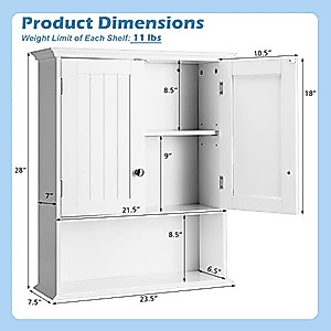 LOKO Bathroom Wall Cabinet, Wall Mounted Storage Cabinet with Double Doors, Multifunctional Medicine Cabinet with Adjustable Shelf, 23.5 x 7.5 x 28 inches (White)