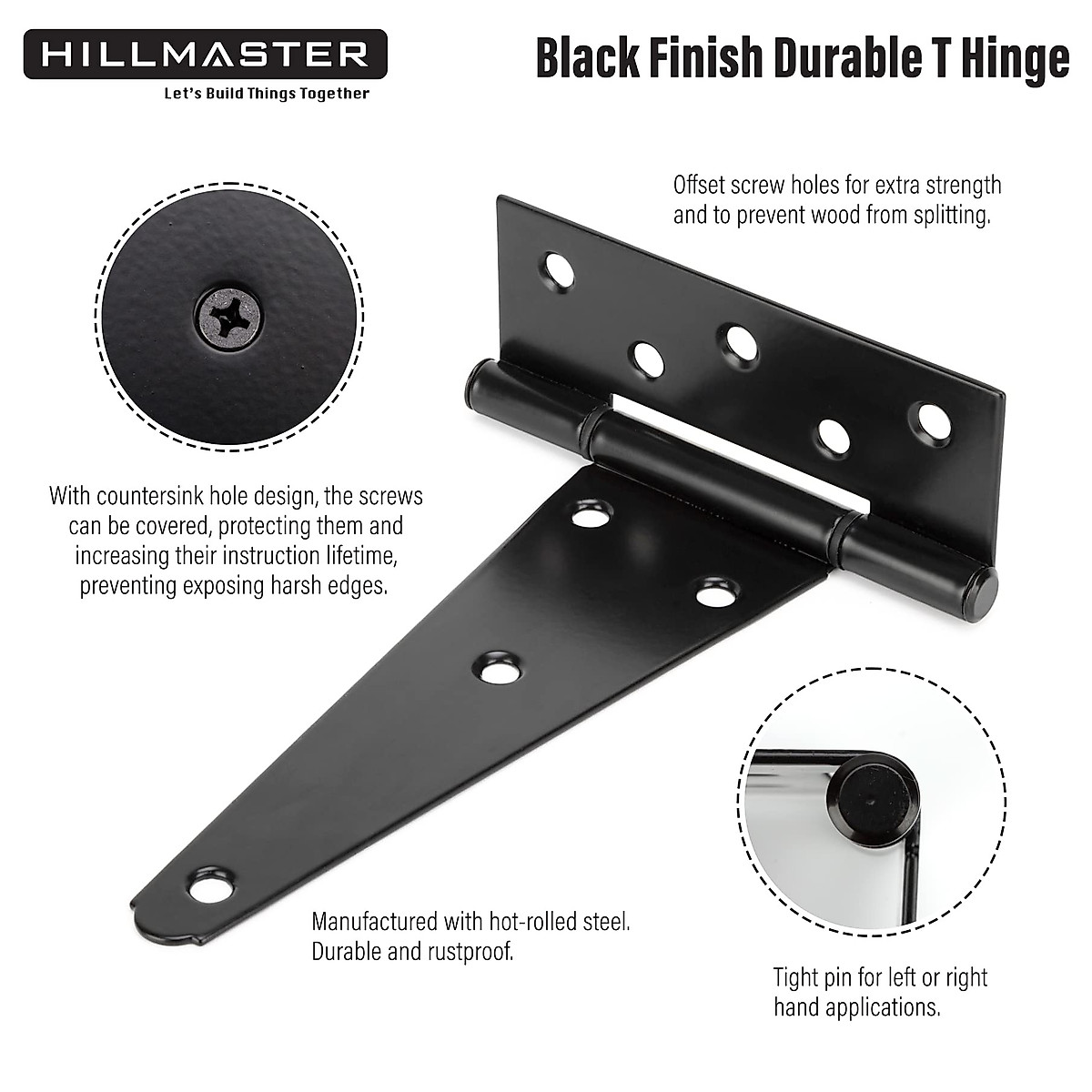 HILLMASTER 10 Inch T-Strap Heavy Duty Shed Door Hinges Gate Strap Hinges Black Tee Hinge Wrought Hardware for Wooden Fences,Yard,Barn Door,Rustproof (6 Pack)