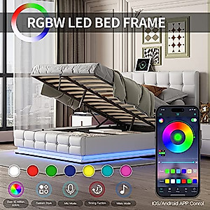 Bellemave Queen Lift Storage Bed with LED Lights and USB Charger, PU Upholstered Queen Platform Bed with Hydraulic Storage System for Kids Teens and Adults, No Box Spring Needed (Queen, White)