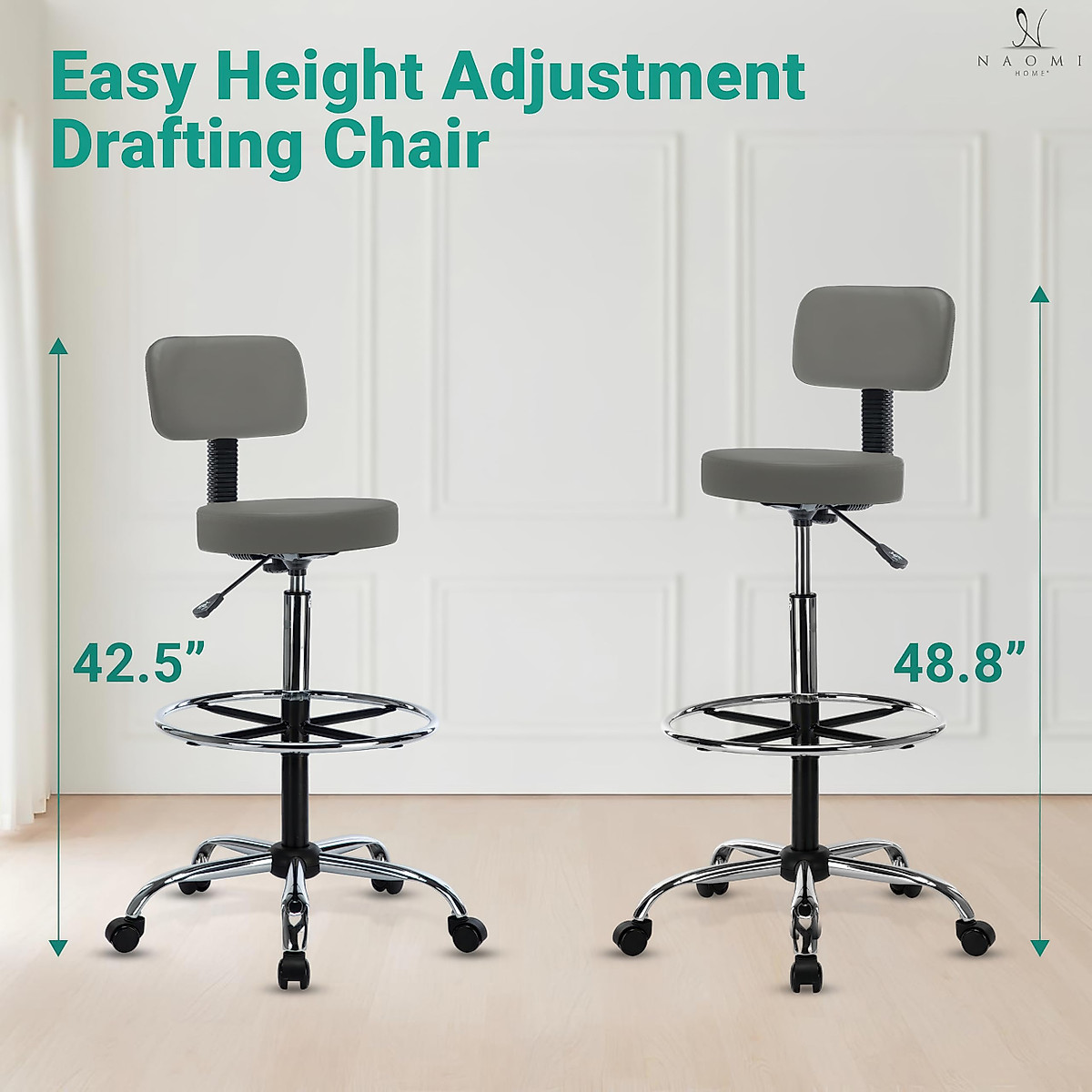 Venus Drafting Stool Chair, Rolling Stools with Wheels, Stools with Backs, Tall Adjustable Office Chair Workbench Stool with Back Support Adjustable Chair Work Stool with Chrome Footrest - Gray