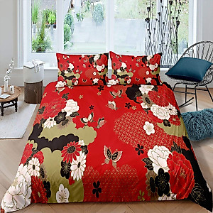 Erosebridal Japanese Style Bedding Set Butterfly Duvet Cover, Retro Flower Comforter Cover Romantic Garden Style Bedspread Cover, Red Decorative 3Pcs Queen Size, Bedding Collection