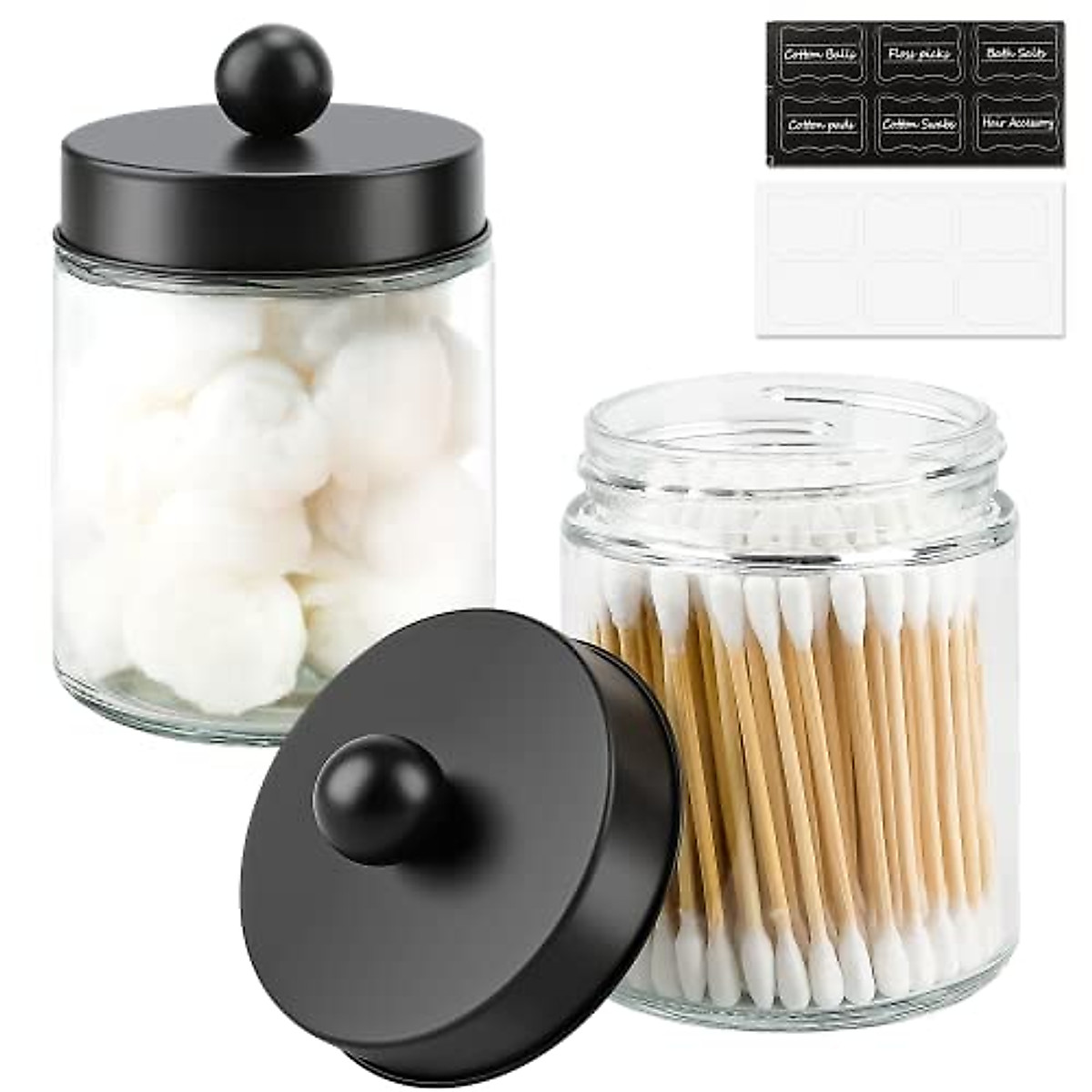 Goramio 2-Pack Bathroom Glass Storage Jars, Small Apothecary Jars with Lids, Glass Qtip Holder, Cute Bathroom Canisters, Cotton Swab Holder, bathroom countertop organizer with 12 Lables (9 Oz, Clear)