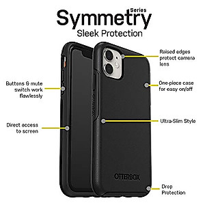 OtterBox iPhone 11 Symmetry Series Case - BLACK, ultra-sleek, wireless charging compatible, raised edges protect camera & screen