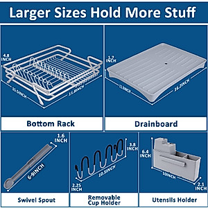 HIPPIH Dish Racks for Kitchen Counter, Dish Drying Rack with Drainboard Aluminum Compact Rustproof Dish Drainer with Adjustable Swivel Spout and Removable Utensil Racks
