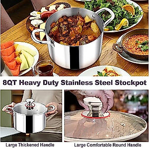 LIANYU 8QT 18/10 Stainless Steel Soup Pot with Lid, 8 Quart Stock Pot With Triple Ply, Heavy Duty Pasta Soup Canning Stockpot, Induction Pot for Boiling Strew Simmer, Big Cookware Cooking Pot