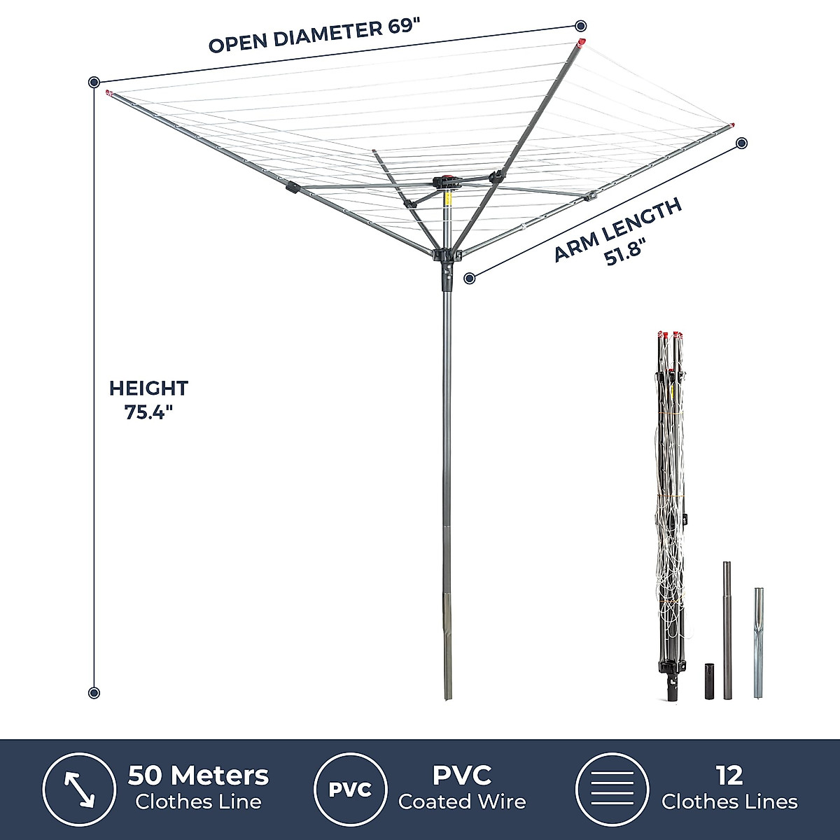 STO STO Umbrella Clothesline for Laundry, 4-Arm 12 Lines with 164 Feet Drying Space, Steel Frame, Adjustable Height, Outdoor Umbrella Rotary Drying Rack, Collapsible Clothes Drying Rack for Backyard