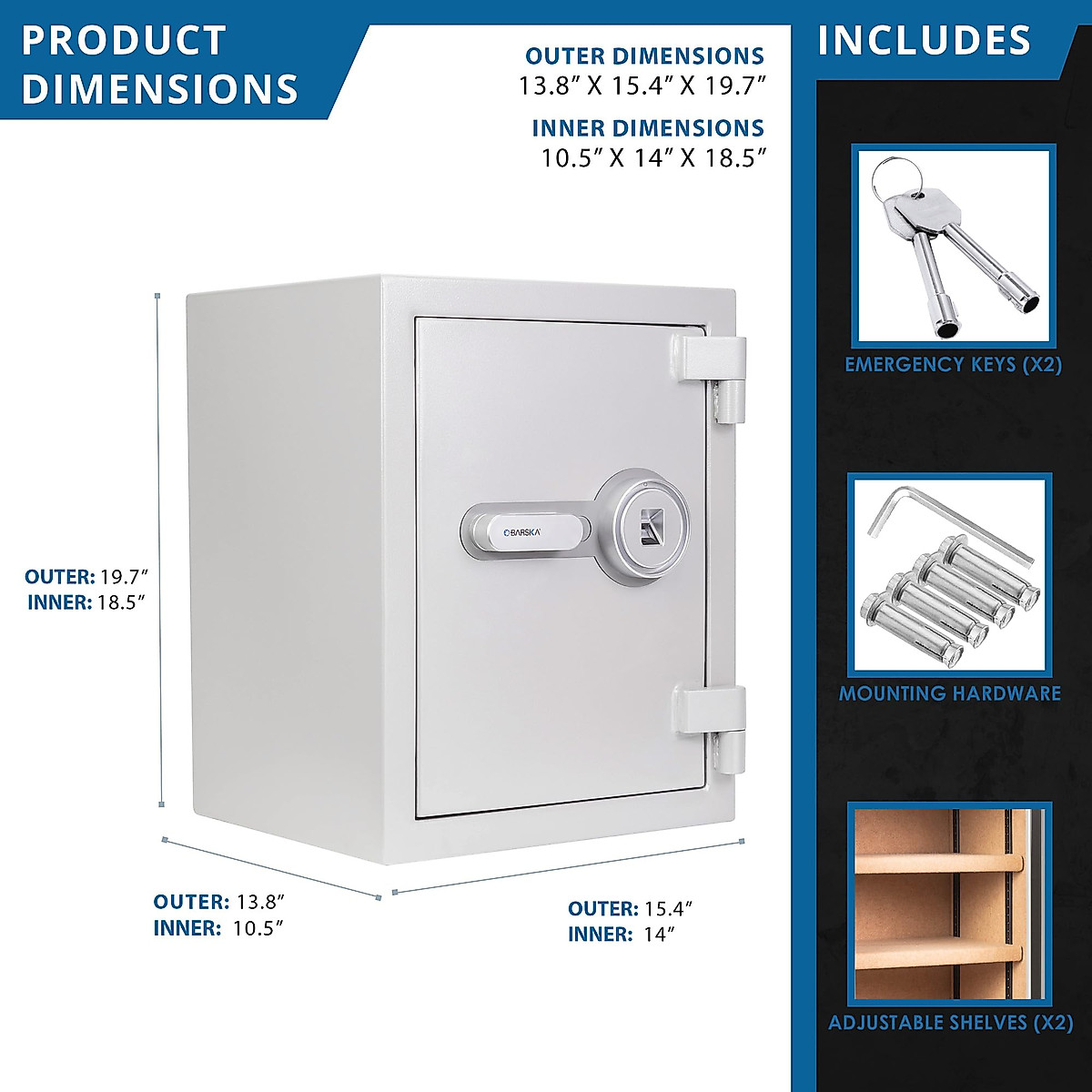 Barska AX13494 Biometric Fireproof Safe 1.64 Cu Ft Metallic Grey with Long Locking Bolts, Gray, Medium