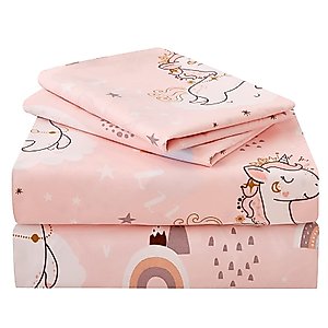 JSD Pink Unicorn Kids Sheet Set Twin Size, 3 Piece Girls Rainbow Printed Microfiber Bed Sheets Deep Pocket