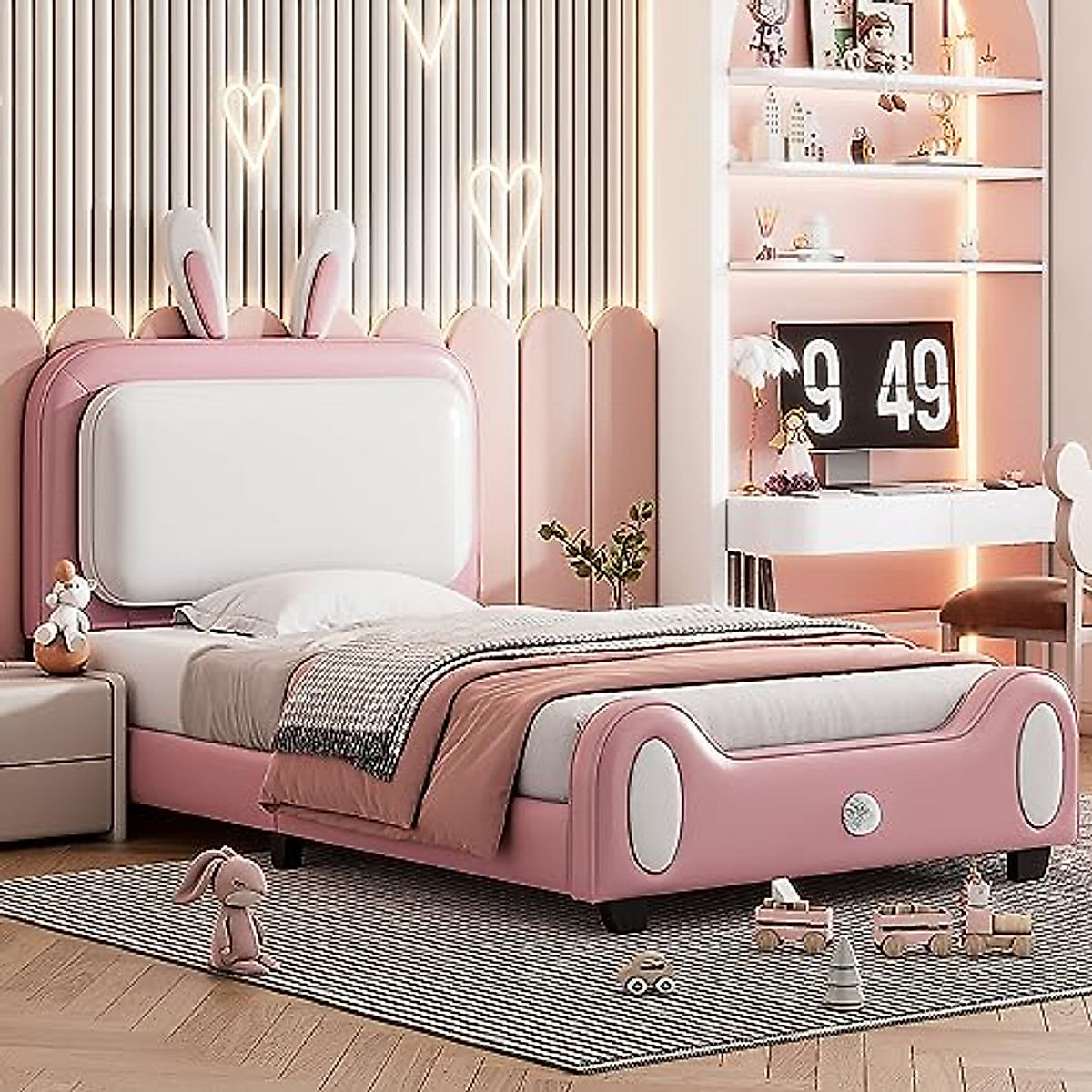 CJLMN Upholstered Rabbit Shaped Princess Bed Pink Platform Bed, Twin Size Wood Bed Frame with Bunny Ears Headboard and Bunny Tail Footboard, Kids Bedroom Furniture Fun Cute Rabbit Bed