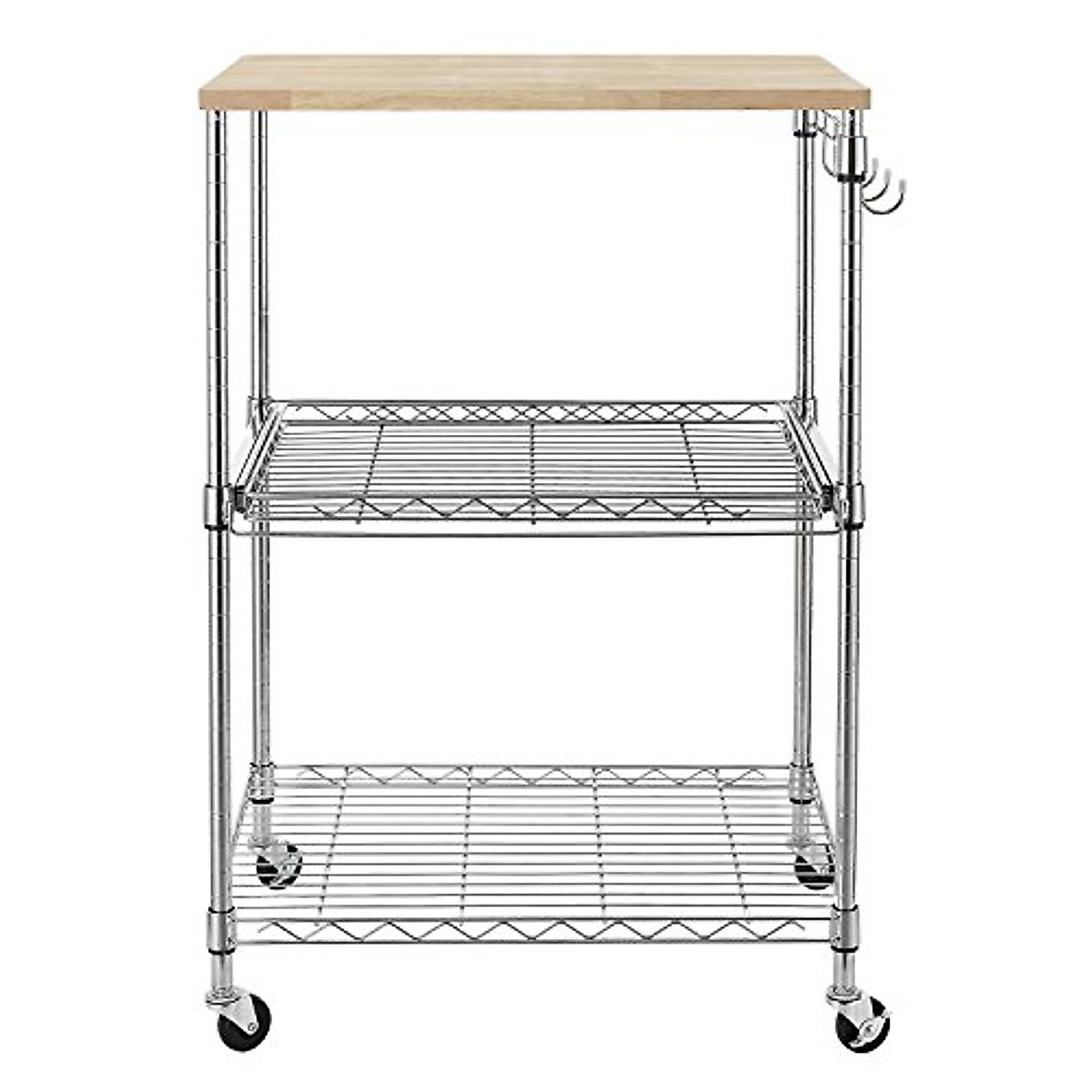 Finnhomy 3-Tier Wire Rolling Kitchen Cart, Food Service Cart, Microwave Stand, Oak Cutting Board and Chrome