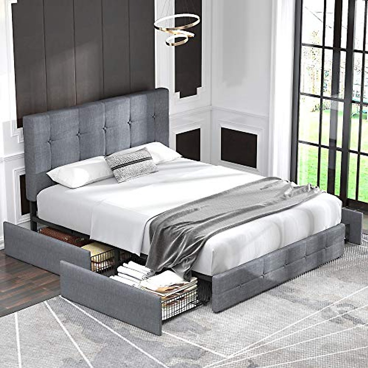 Allewie Upholstered Queen Size Platform Bed Frame with 4 Storage Drawers and Headboard, Square Stitched Button Tufted Mattress Foundation with Wooden Slats Support, No Box Spring Needed, Light Grey