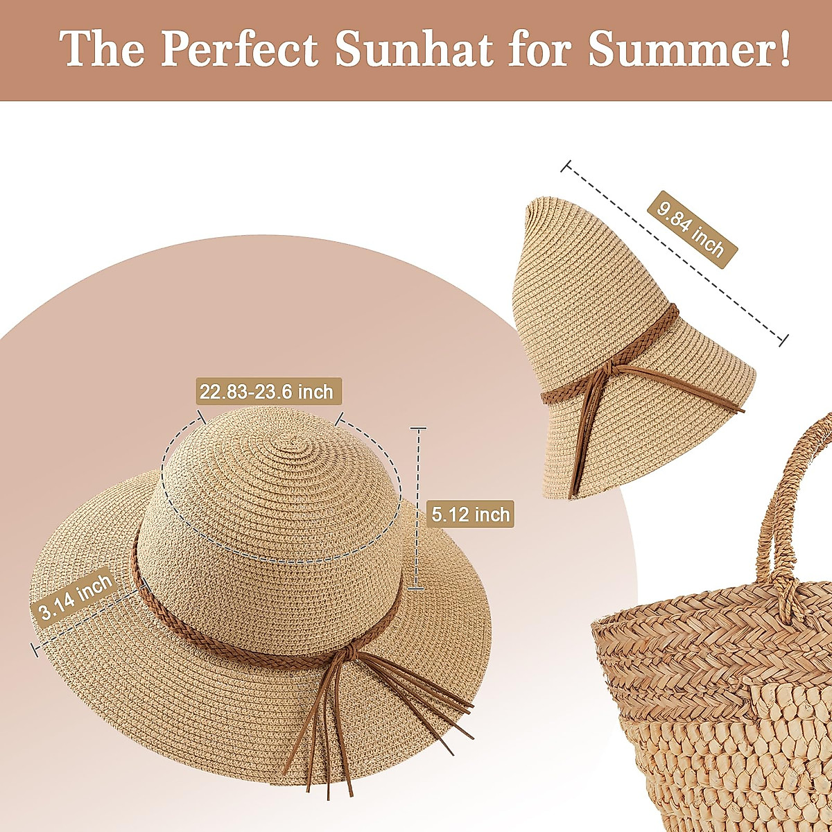 Sun Hats for Women, Wide Brim Beach Straw Hat for Women UPF 50+ UV Sun Protection Beach Hat Foldable Packable Roll up Cap