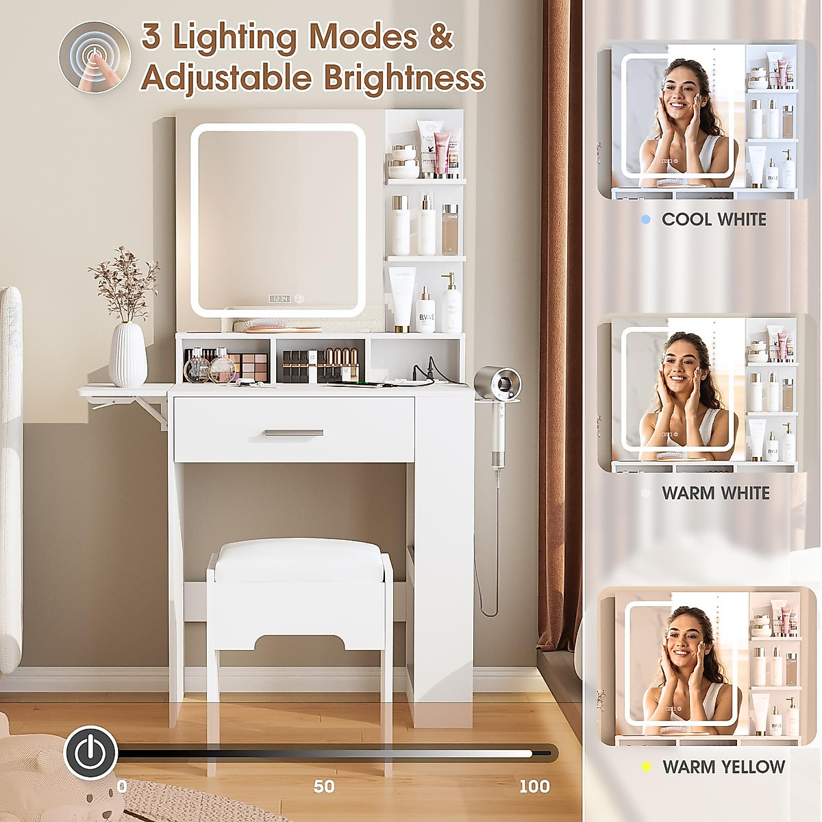 Fameill Vanity Desk with Mirror and Lights, Small Makeup Vanity with Drawer & Lots Storage Shelves, White Vanity Table with Charging Station & Time Display, Vanity Set with Chair, for Bedroom