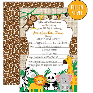 Jungle Safari Baby Shower Invitations - Safari Animal Invitation - 20 Fill-In Invitations and White Envelopes - Boy or Neutral Baby Shower Party - Monkey, Lion, Elephant, Giraffe